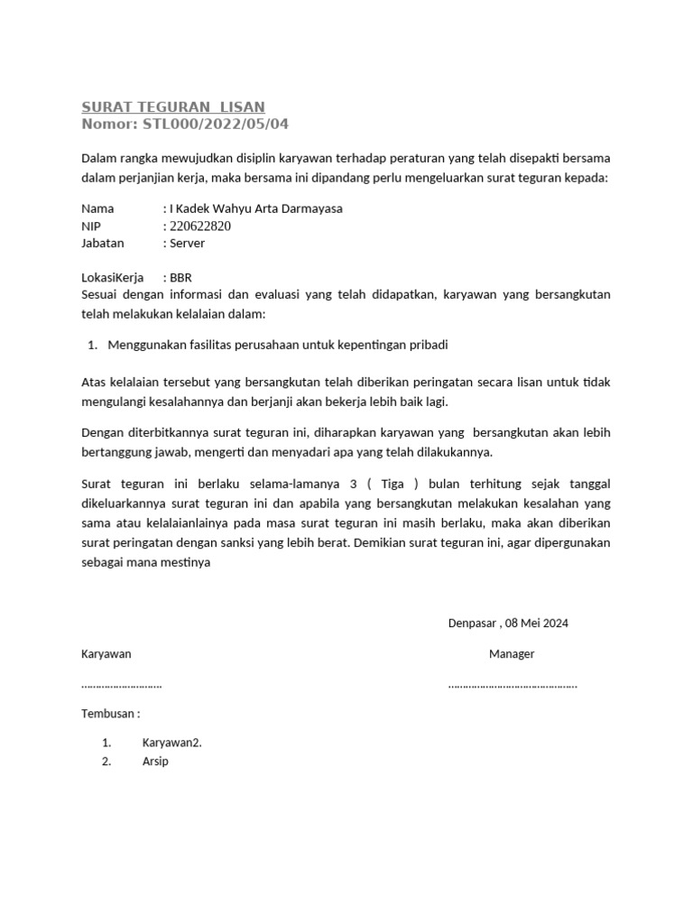Surat Teguran Lisan untuk Karyawan | PDF