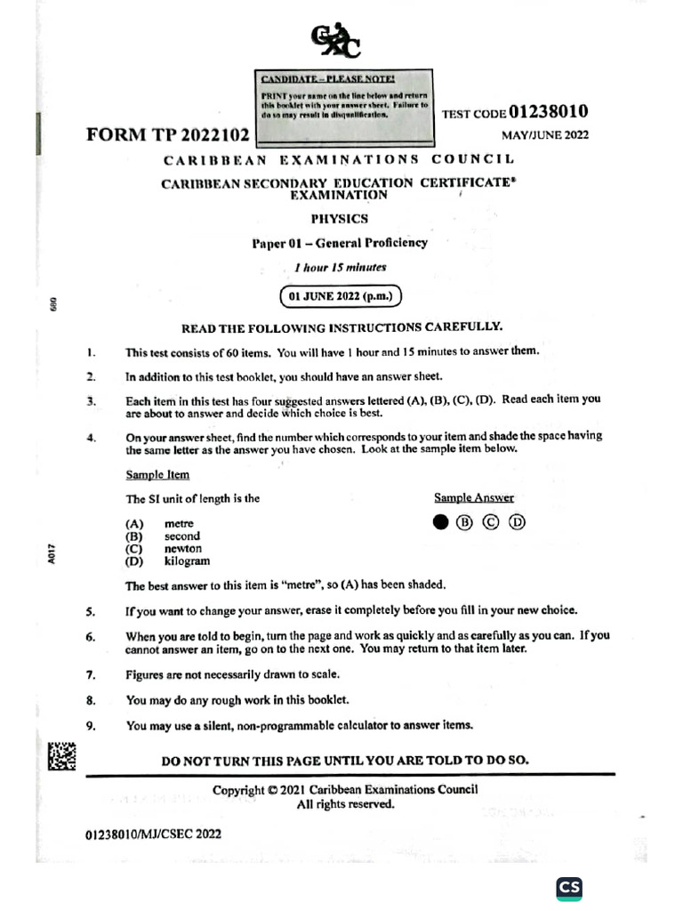 Csec Physics p1 2022 MJ | PDF