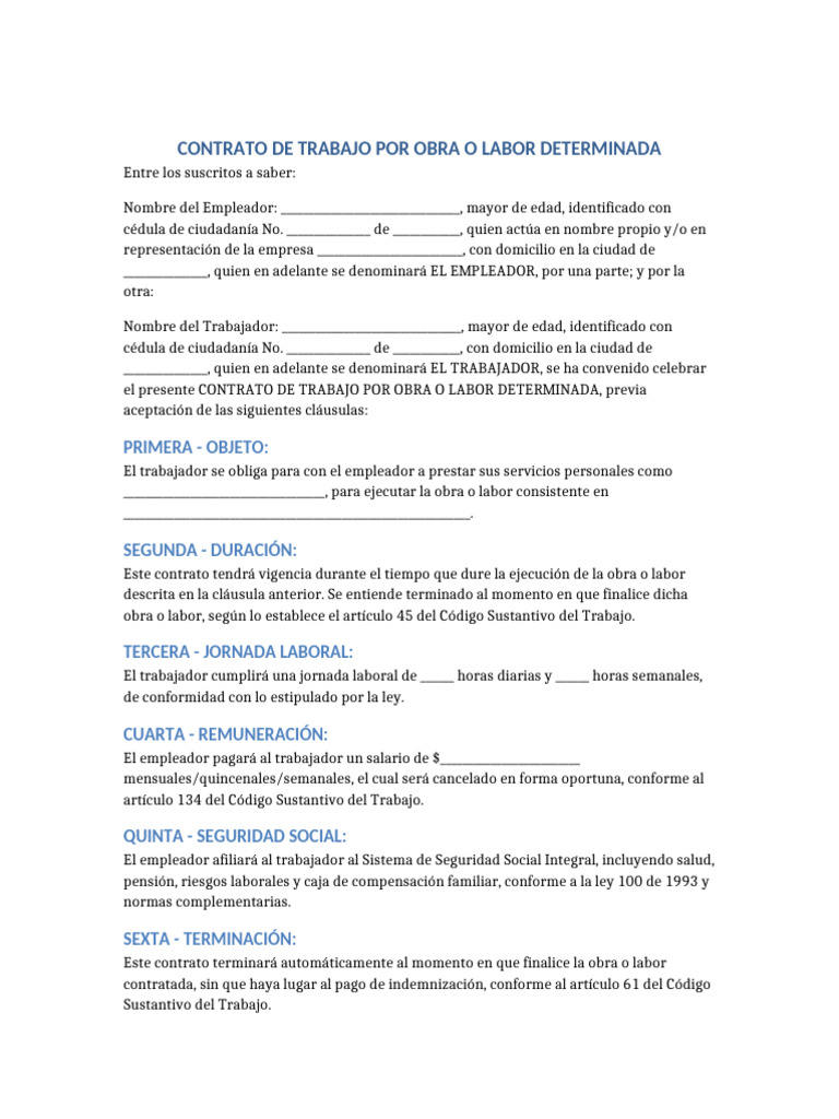 Contrato de Obra o Labor en Colombia | PDF | Derecho laboral | Salario