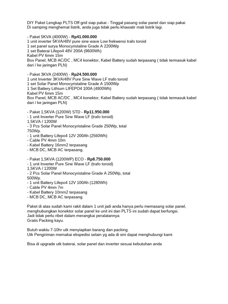 Paket Lengkap Panel Surya PLTS Off Grid Inverter Pure Sine Wave Hybrid ...