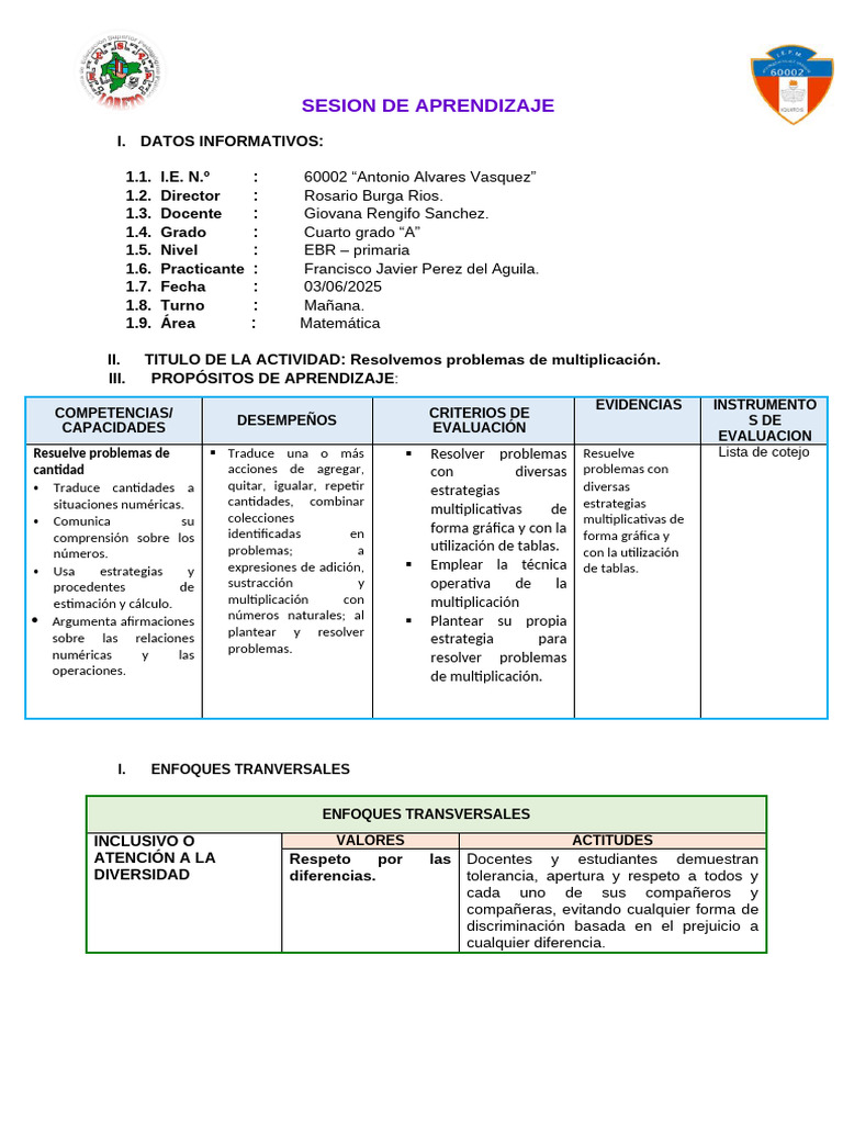 Sesion de Aprendizaje Resolvemos Problemas de Multiplicacion | PDF | Multiplicación | Aprendizaje