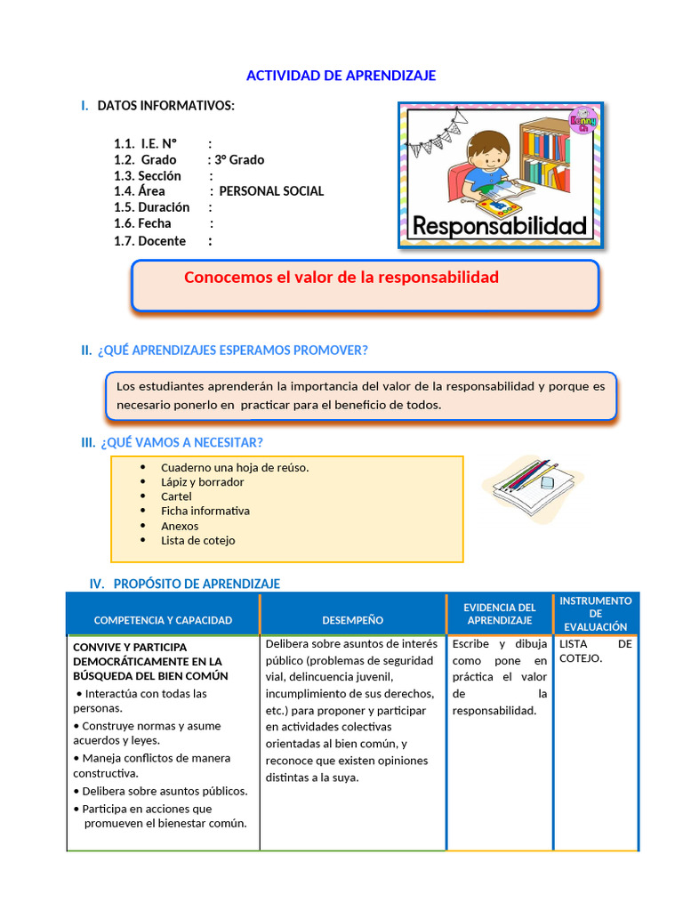 Aprendizaje del Valor de la Responsabilidad | PDF