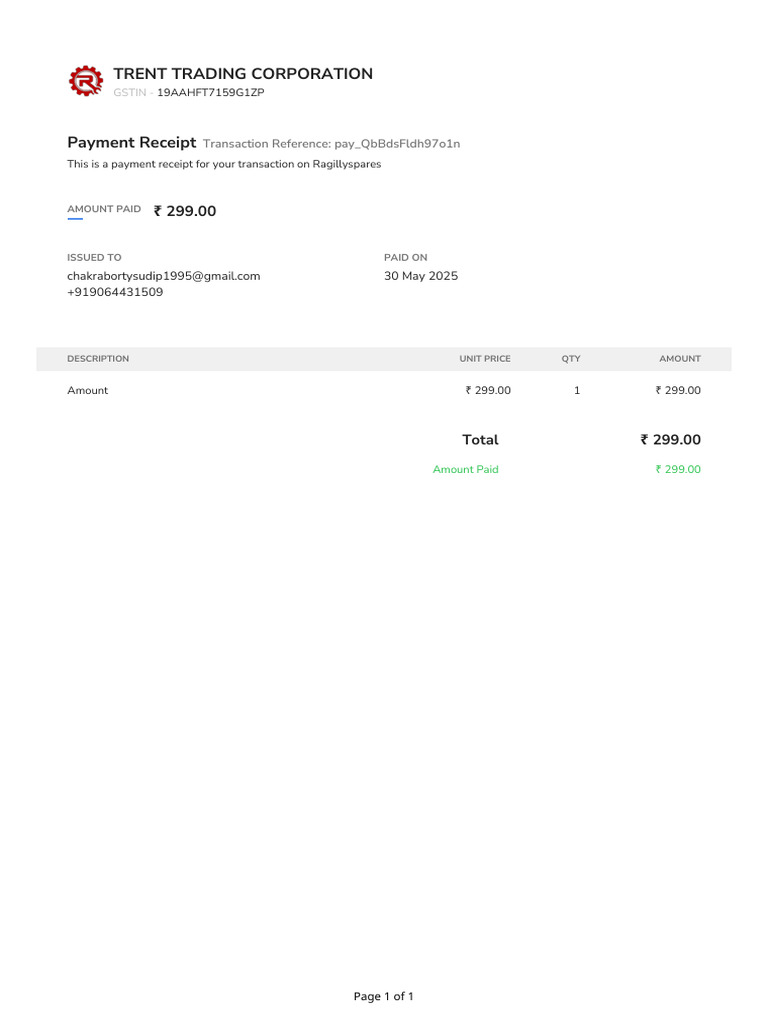 Receipt Pay - QbBdsFldh97o1n From RAGILLYSPARES (Paid) PDF | PDF