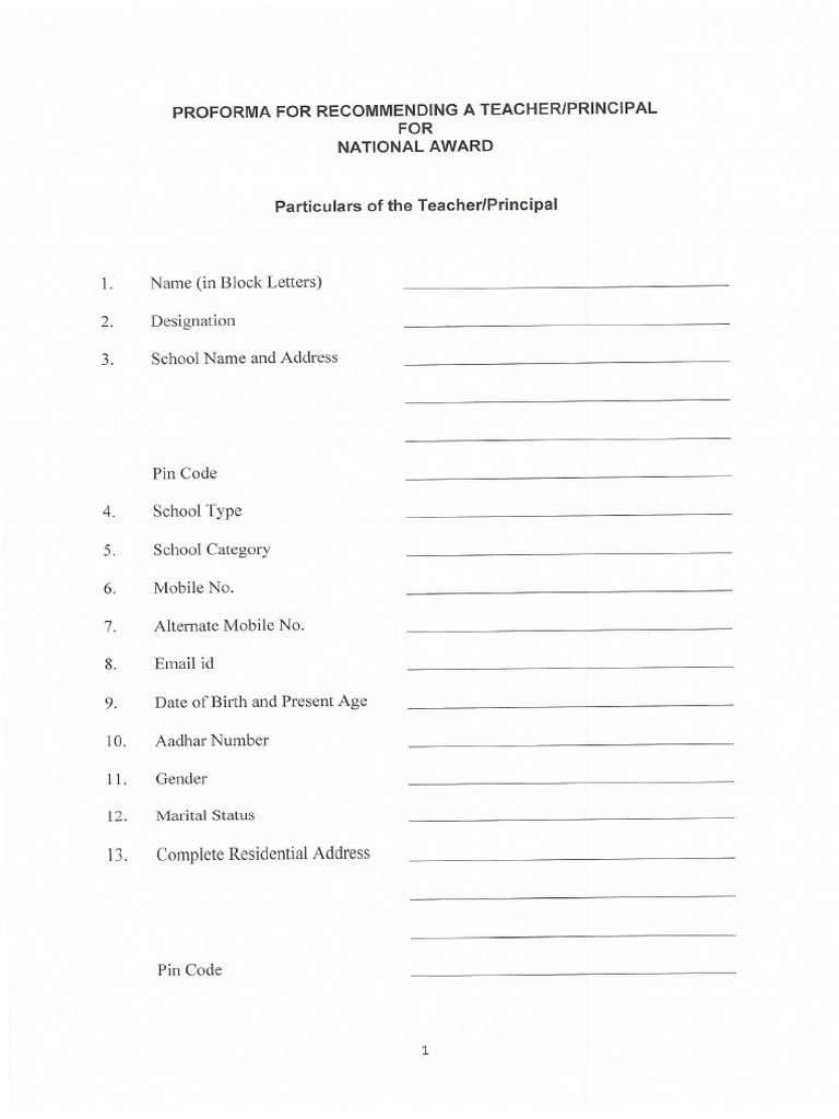 Proforma For Recommending A Teacher Principal For National Awar | PDF