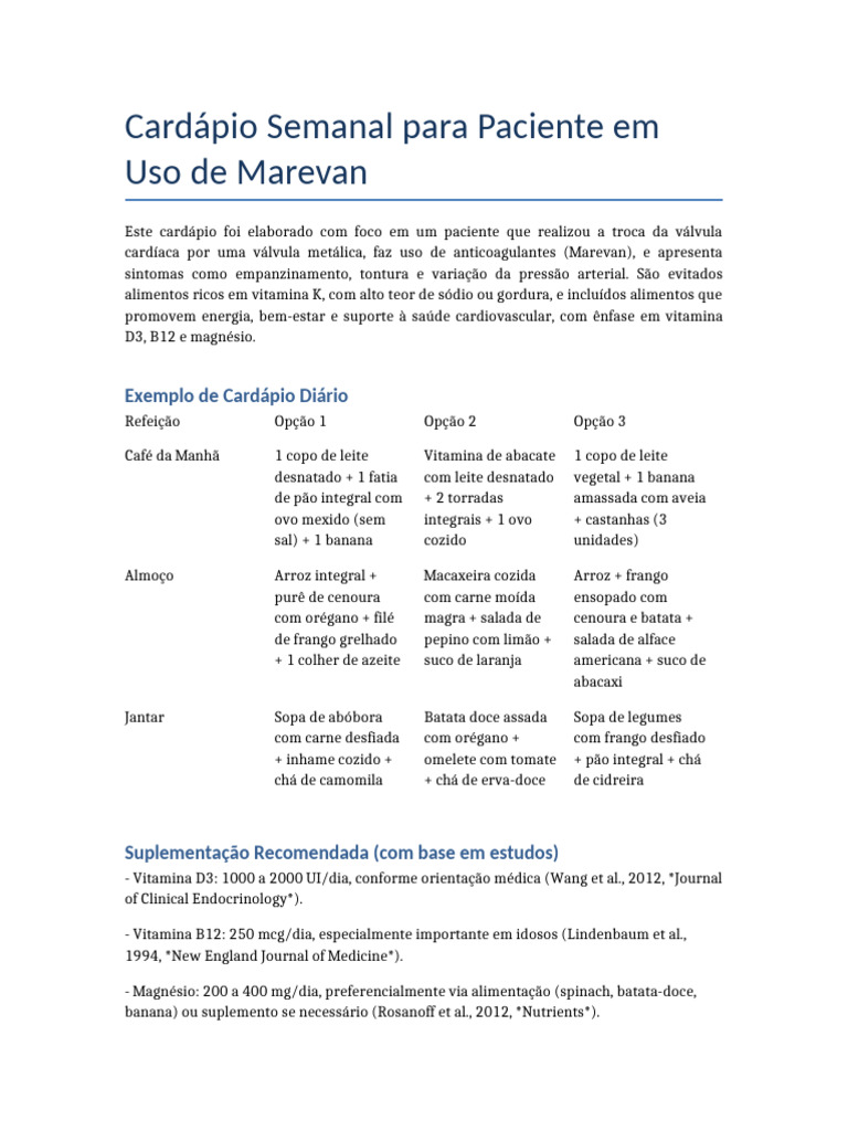 Cardápio Semanal para Uso de Marevan | PDF | Vitamina | Chá