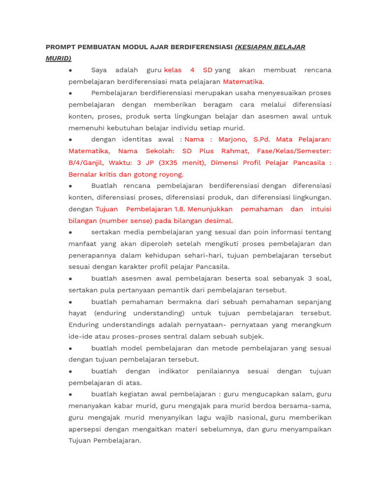Prompt Pembuatan Modul Ajar Berdiferensiasi | PDF