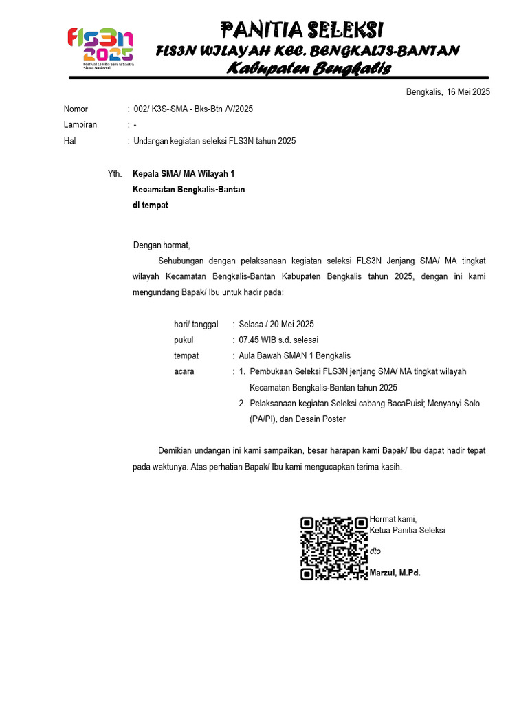 UNDANGAN KEPSEK FLS3N 2025 K3S WILAYAH 1 BENGKALIS BANTAN (1) | PDF