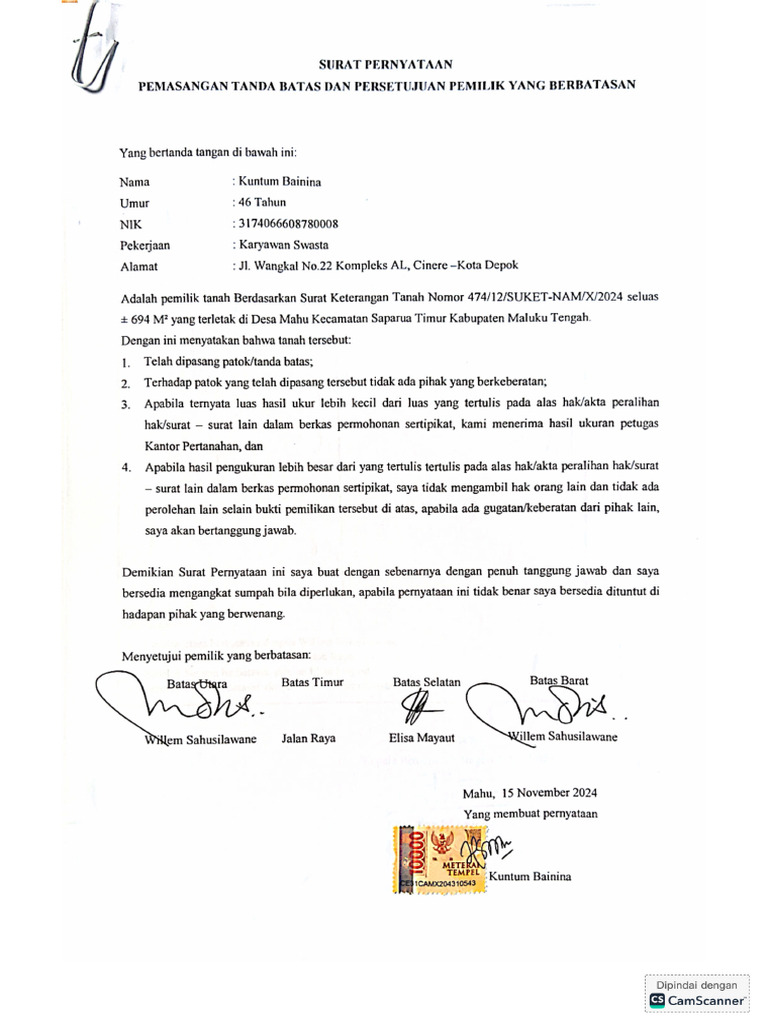 Surat Pernyataan Pemasangan Tanda Batas | PDF