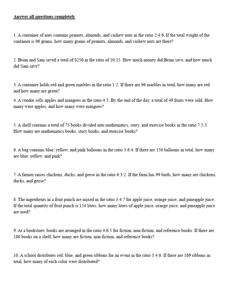 Ratio Problems and Solutions Worksheet | PDF