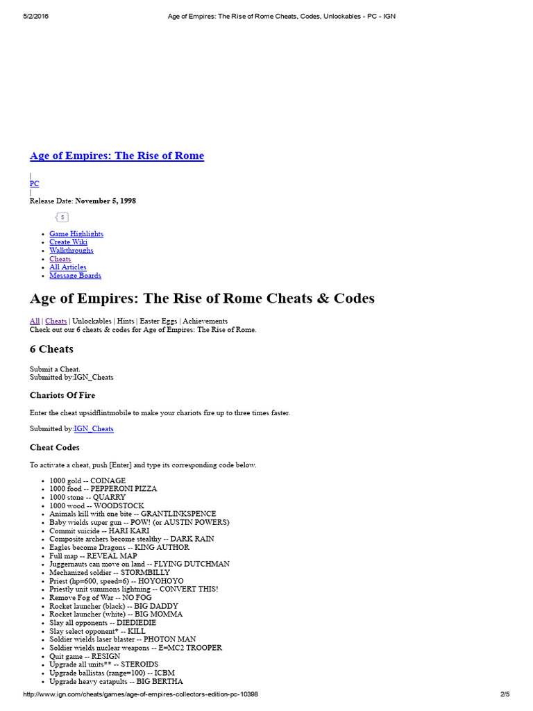 Age of Empires - The Rise of Rome Cheats, Codes, Unlockables - PC - IGN | PDF | Keyboard Shortcut