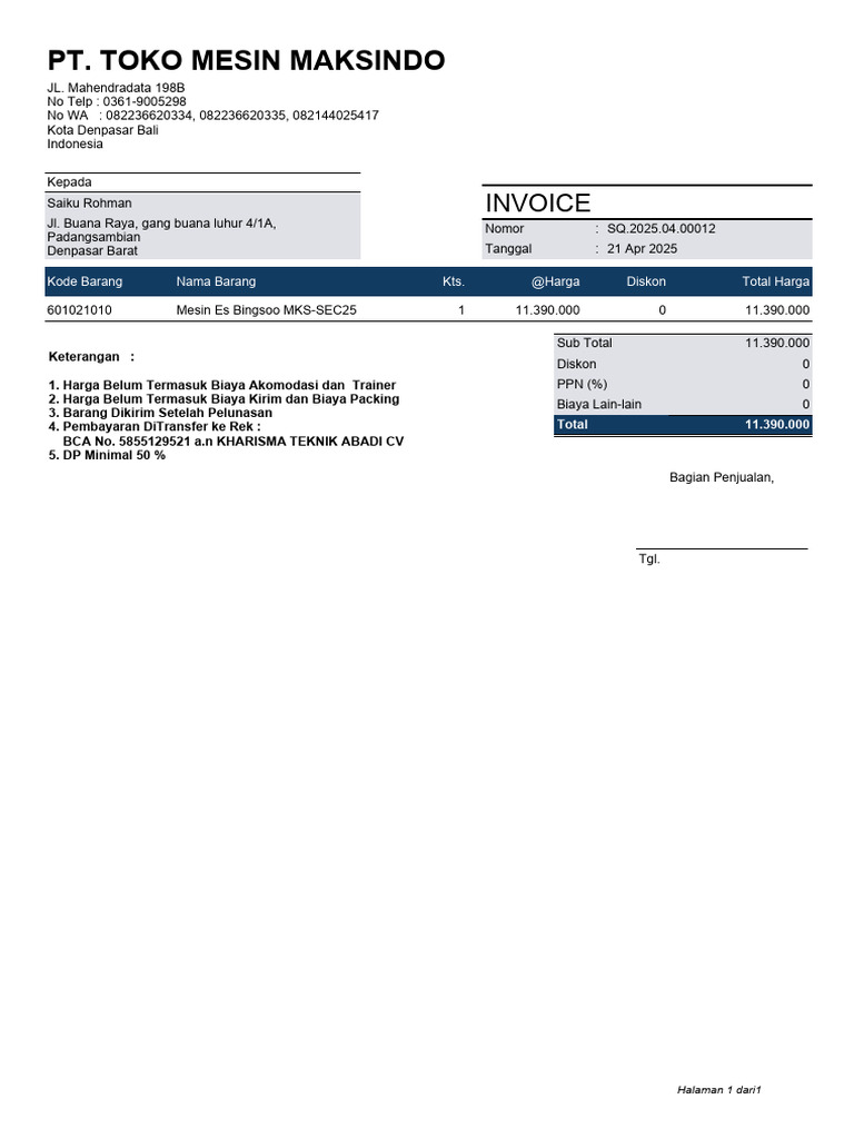 Invoice Mesin Es Bingsoo MKS-SEC25 | PDF