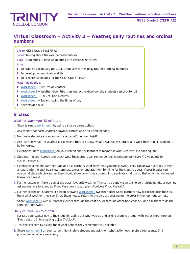 GESE G3 - Virtual Classroom - Activity 3 - Weather, Routines, Ordinal ...