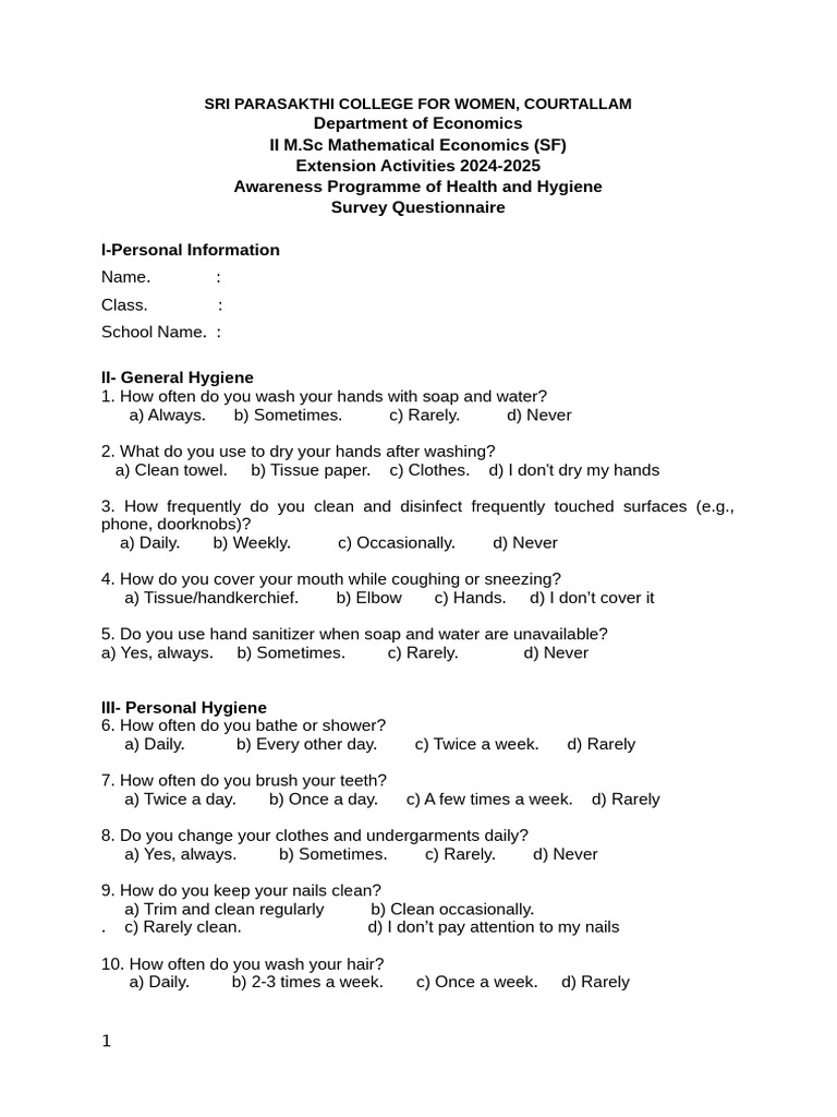 Health and Hygiene Awareness Survey | PDF | Hygiene