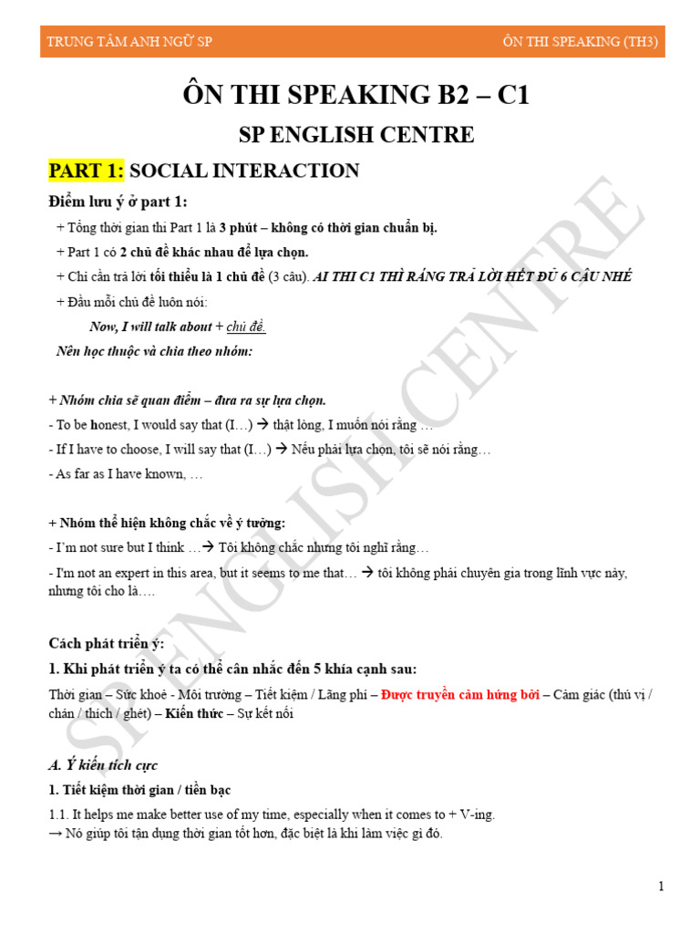 Ôn Tập Tổng Hợp Speaking Vstep Part 1 | PDF