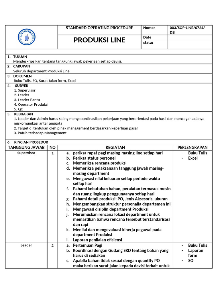 SOP Pengecekan Line Produksi | PDF