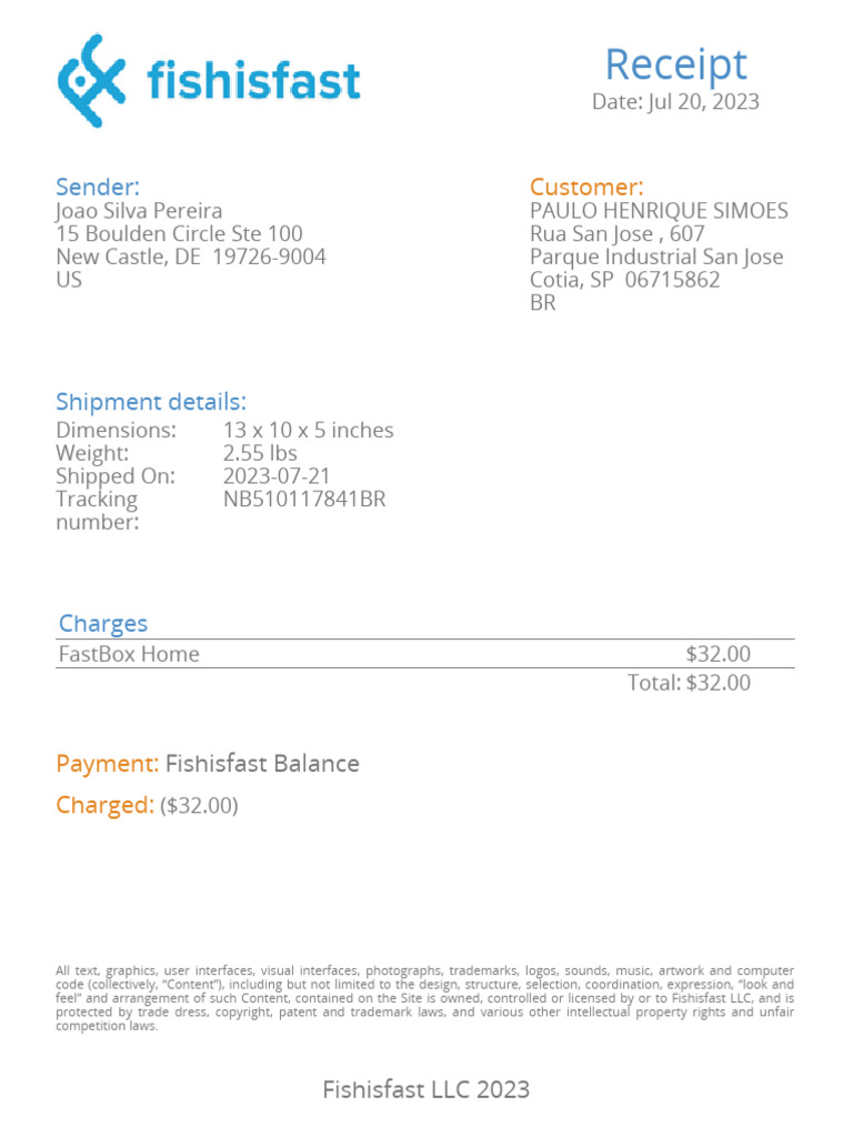 Receipt for Fishisfast Shipment | PDF