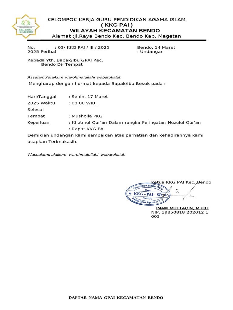 Undangan Rapat KKG PAI Bendo 2025 | PDF