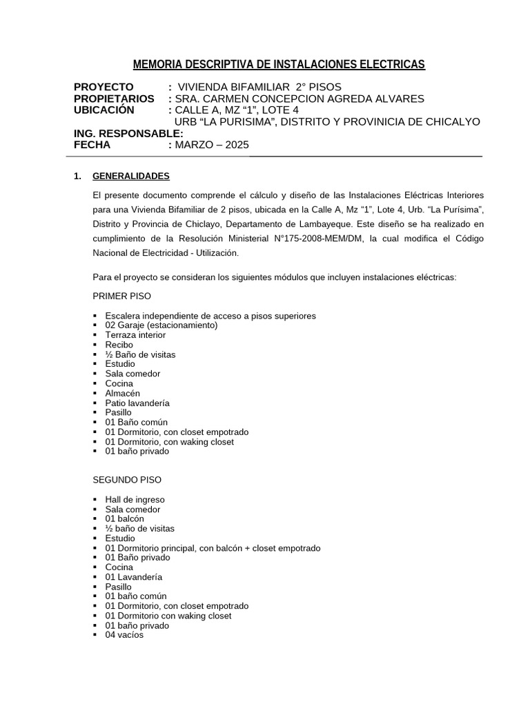 MEMORIA DESCRIPTIVA DE INSTALACIONES ELECTRICAS ( REVISADO Y MODIFICADO MARZO 2025) | PDF ...