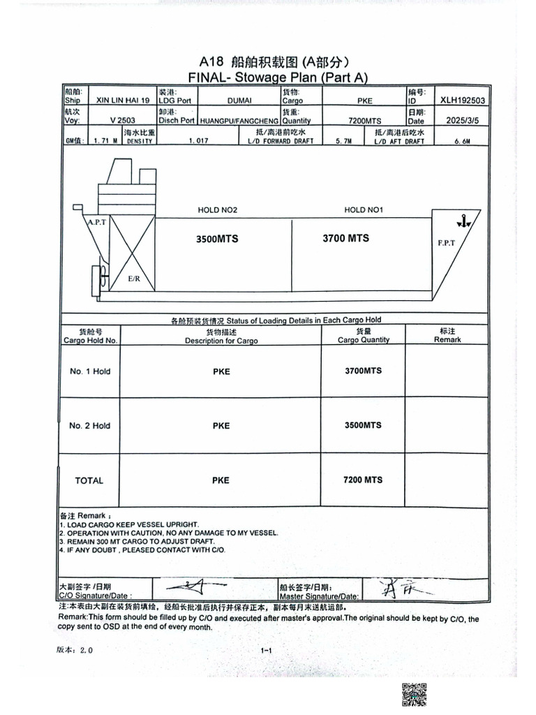 Stowage Plan Xin Lin Hay 19 (2) | PDF