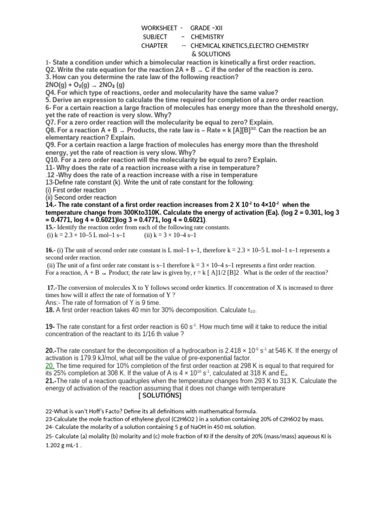 Work Sheet Chemistry - Chemical Kinetics | PDF | Reaction Rate ...