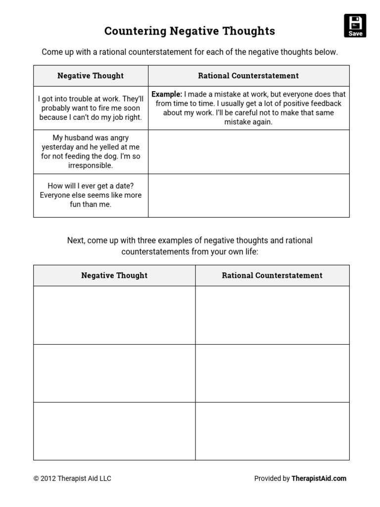 Countering Negative Thoughts Thought Log Fillable | PDF