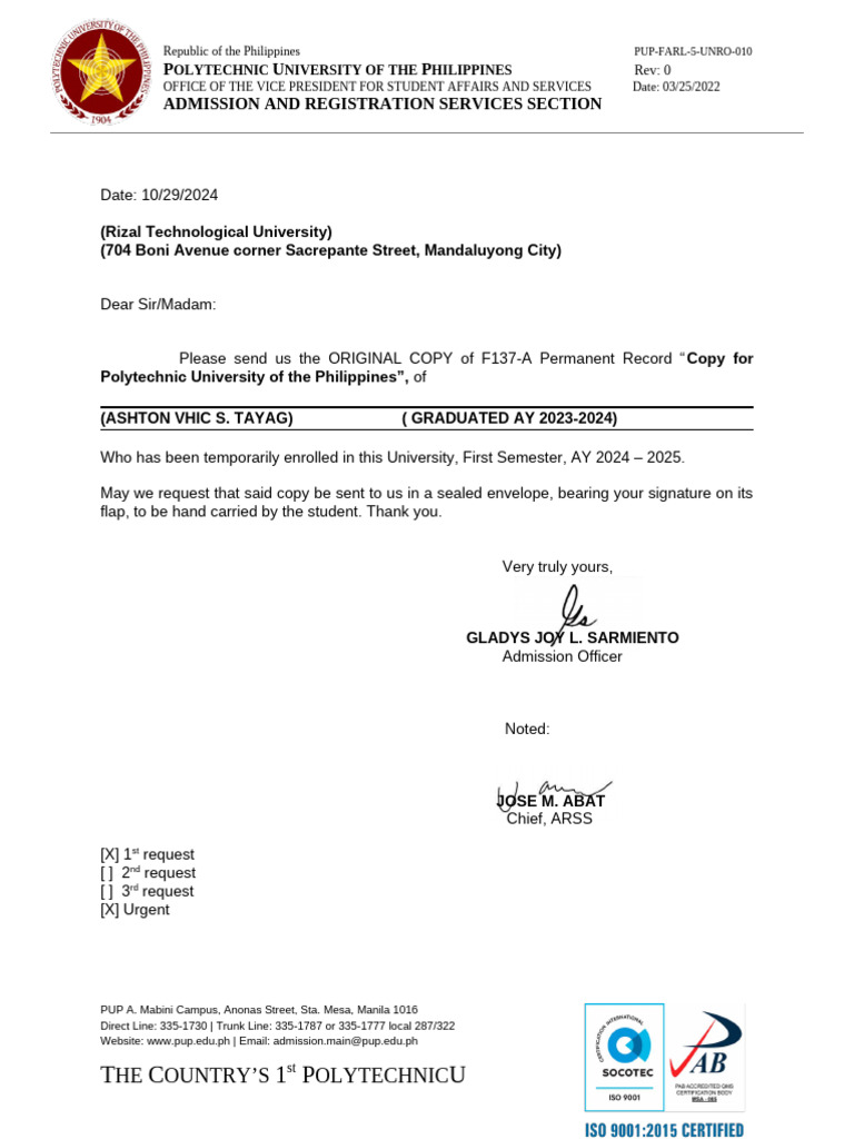 PUP Request Letter For FORM 137-A | PDF