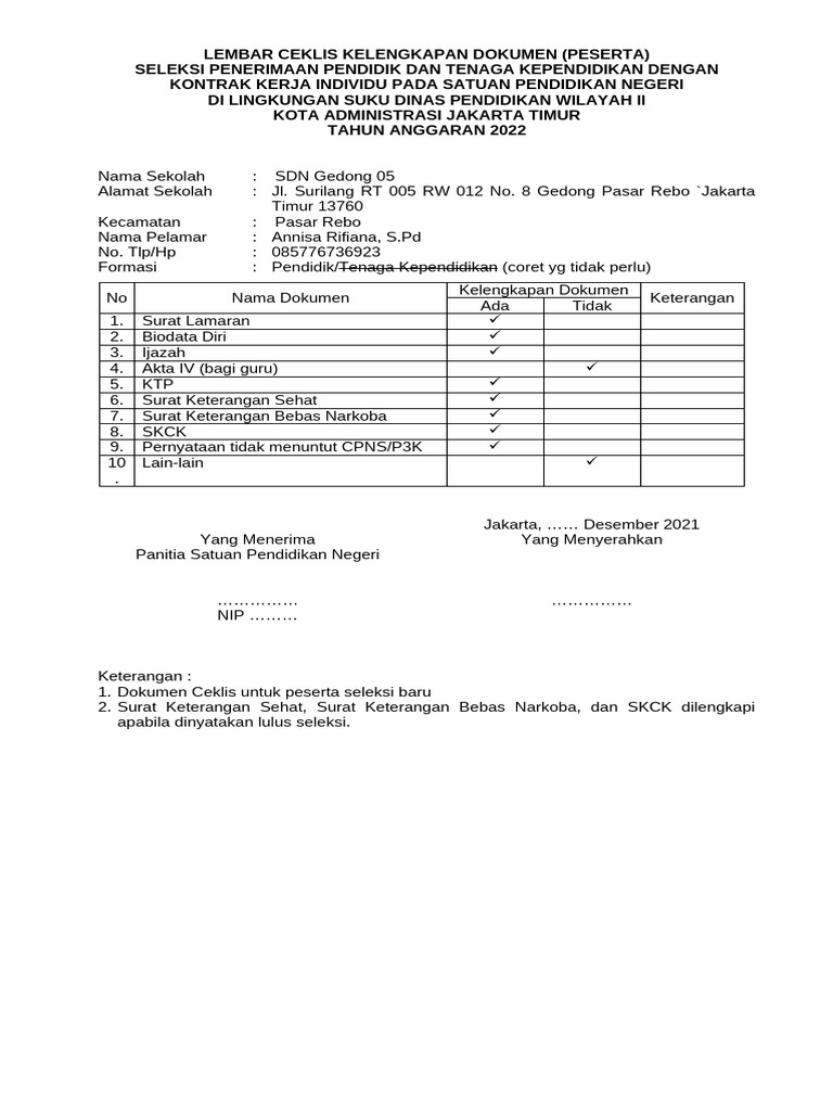 Lembar Ceklis Kelengkapan Dokumen | PDF