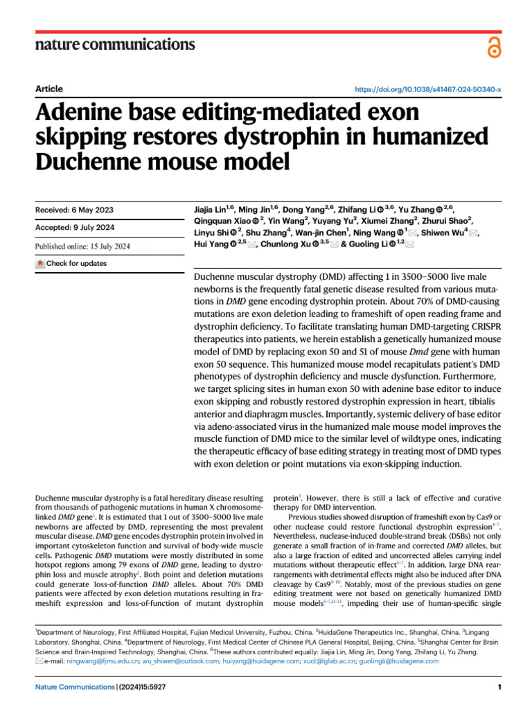 Adenine Base Editing-Mediated Exon Skipping Restores Dystrophin in Humanized Duchenne Mouse ...