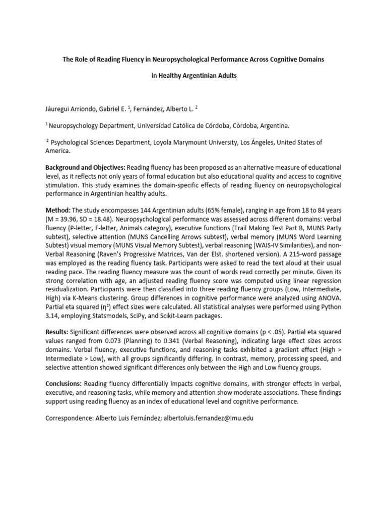 Reading Fluency and Cognitive Performance | PDF | Neuropsychology | Memory