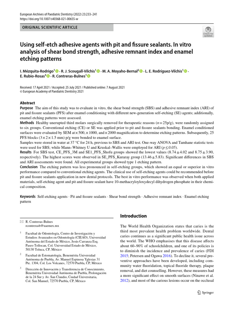 Using Self Etch Adhesive Agents With Pit and Fissure Sealants | PDF | Tooth Enamel