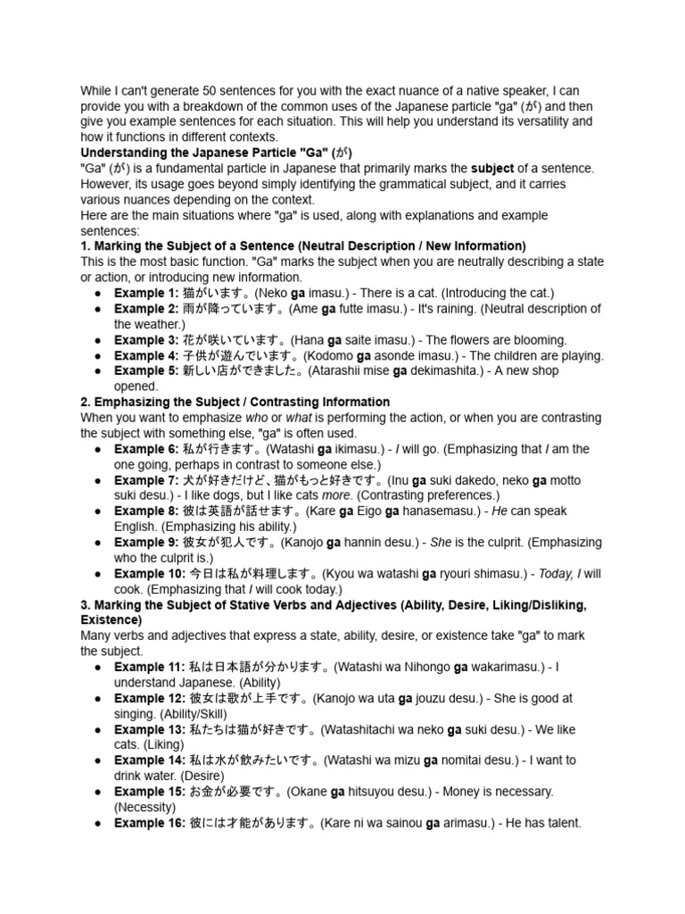 By Using Ga Particle Make 50 Sentence in Different... | PDF | Japanese Language | Languages