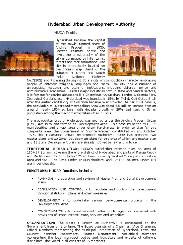 Hyderabad Urban Development Authority: HUDA Profile | PDF | Business