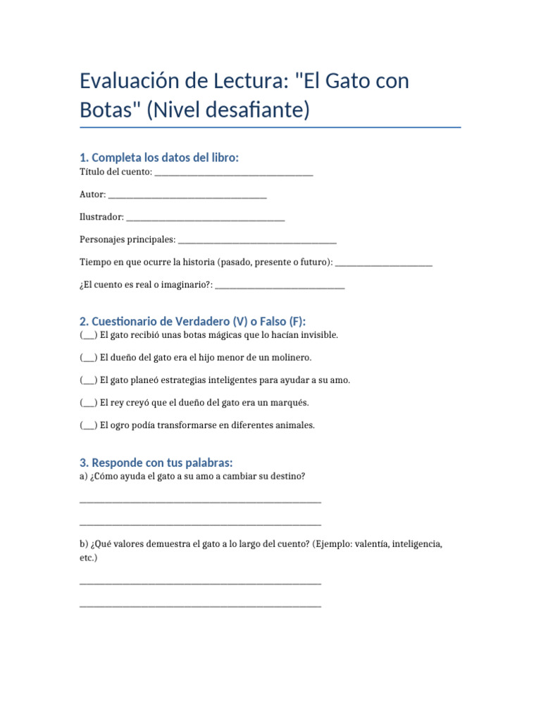 Evaluación de "El Gato con Botas" | PDF