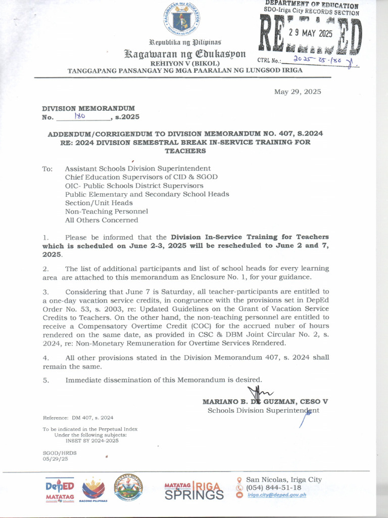 5 - 29 - 2025 - DM 180, s.2025 - Addendum To DM 407 s.2025 Re - 2024 ...