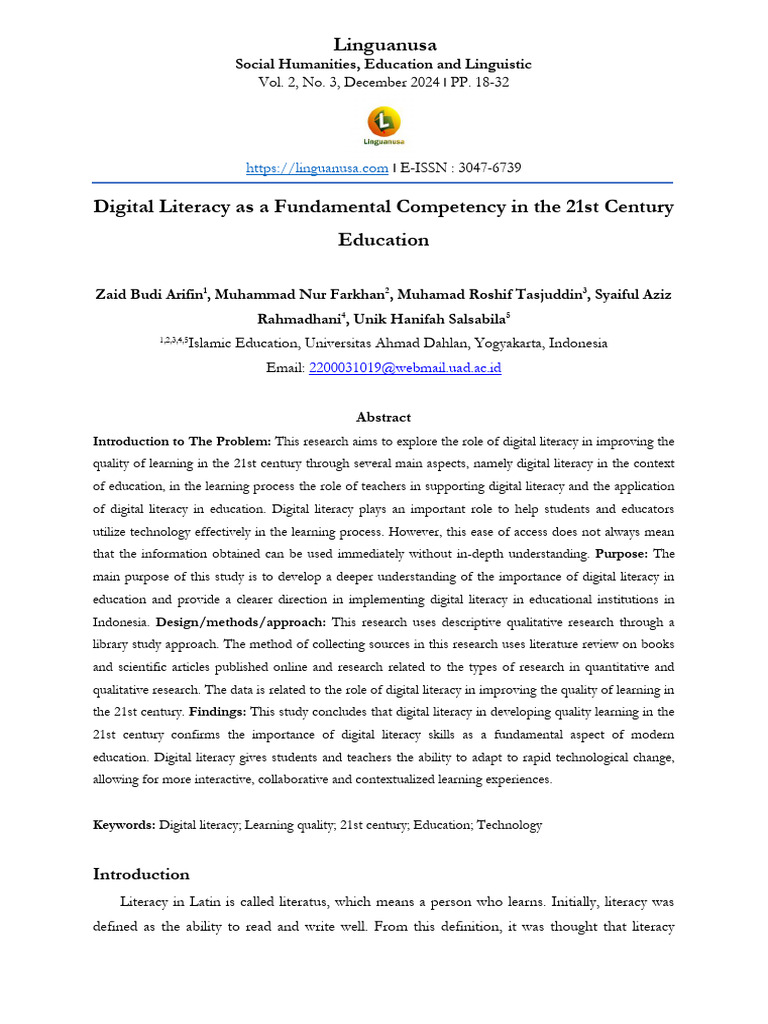 Digital Literacy As A Fundamental Competency in The 21st Century Education | PDF | Learning ...