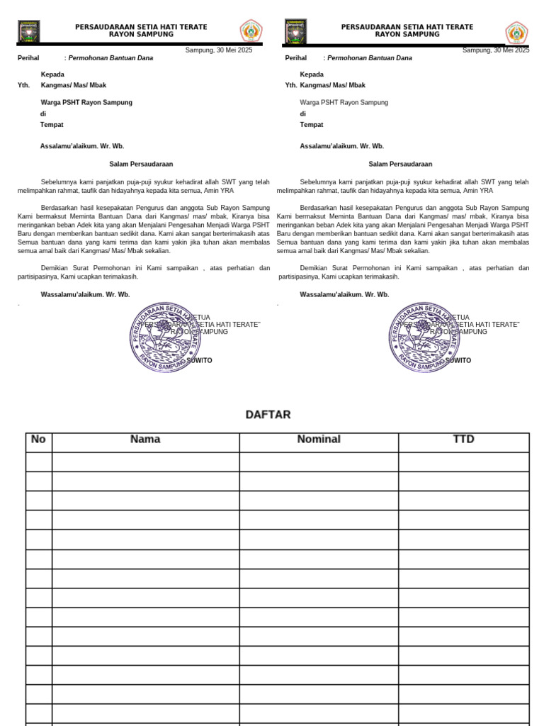 Surat Permohonan Dana Di Psht | PDF