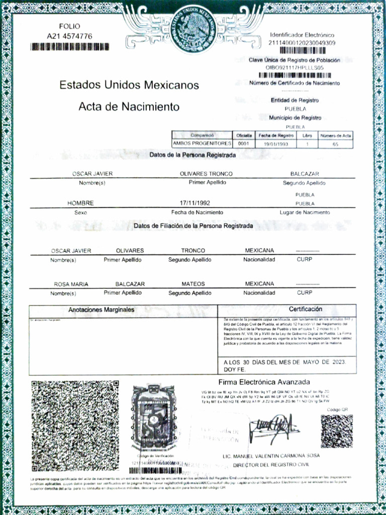 Acta de Nacimiento Apostillada 2023 | PDF | Control de acceso | Autenticación