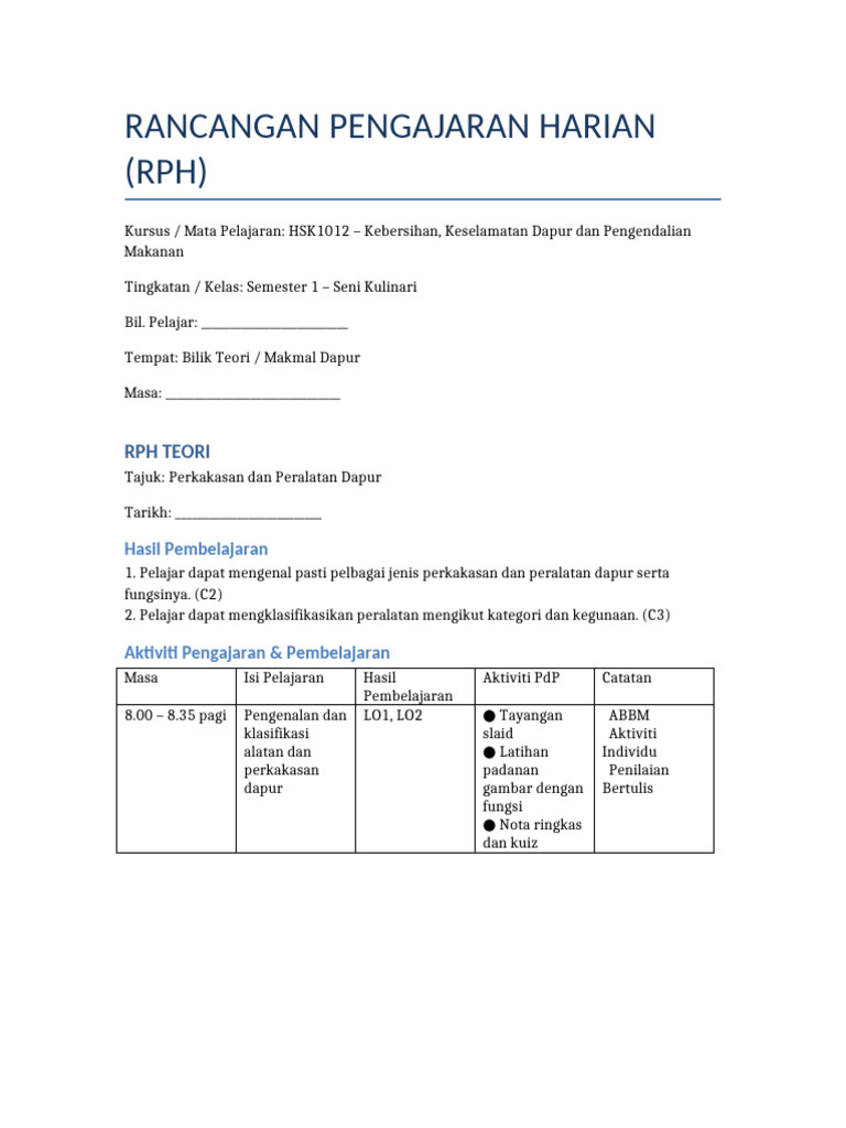 RPH Teori Amali Peralatan Dapur | PDF