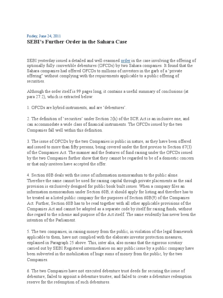 SEBI Order on Sahara OFCD Violations | PDF | Securities (Finance ...