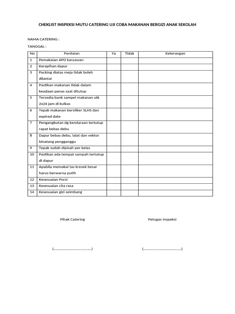Checklist Inspeksi Mutu Catering Sekolah | PDF