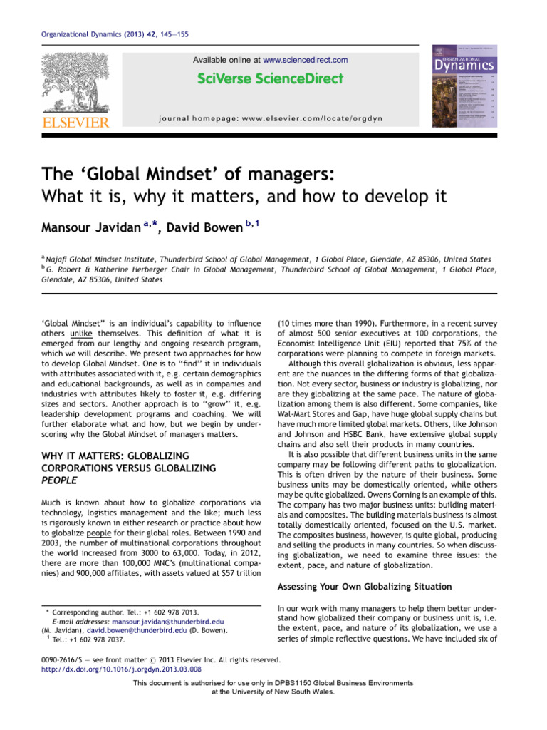 Unit 1 Tutorial Reading2 - Javidan and Bowen - 2013 - The Global ...