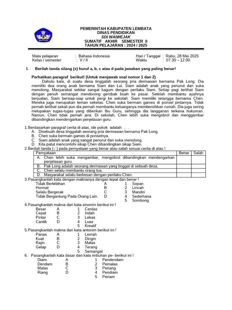 SOAL BINDO KELAS 5 | PDF