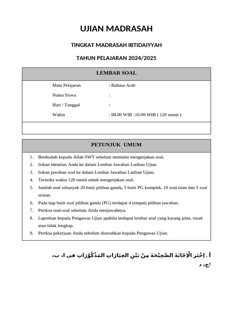 SOAL UM BHS ARAB 2024-2025 - Dedi Rohendi | PDF