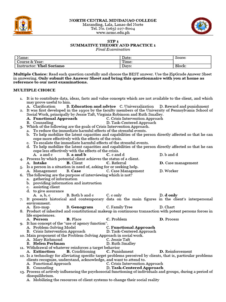 STP 1 Final Exam ALL Methods Answer Key | PDF | Psychotherapy | Social Work