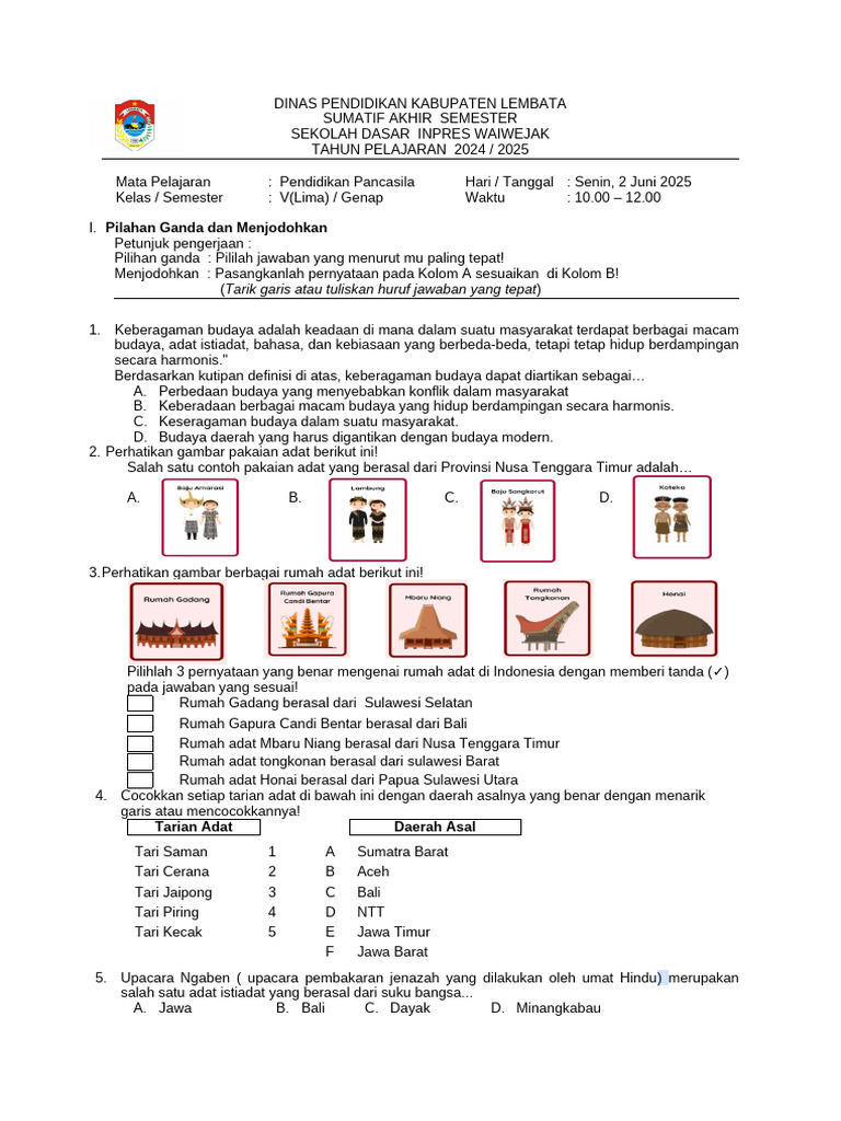 SOAL SAS PENDIDIKAN PANCASILA KELAS 5 | PDF
