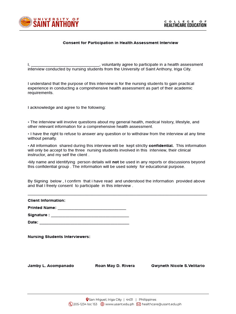 Health Assessment Interview Consent Form | PDF