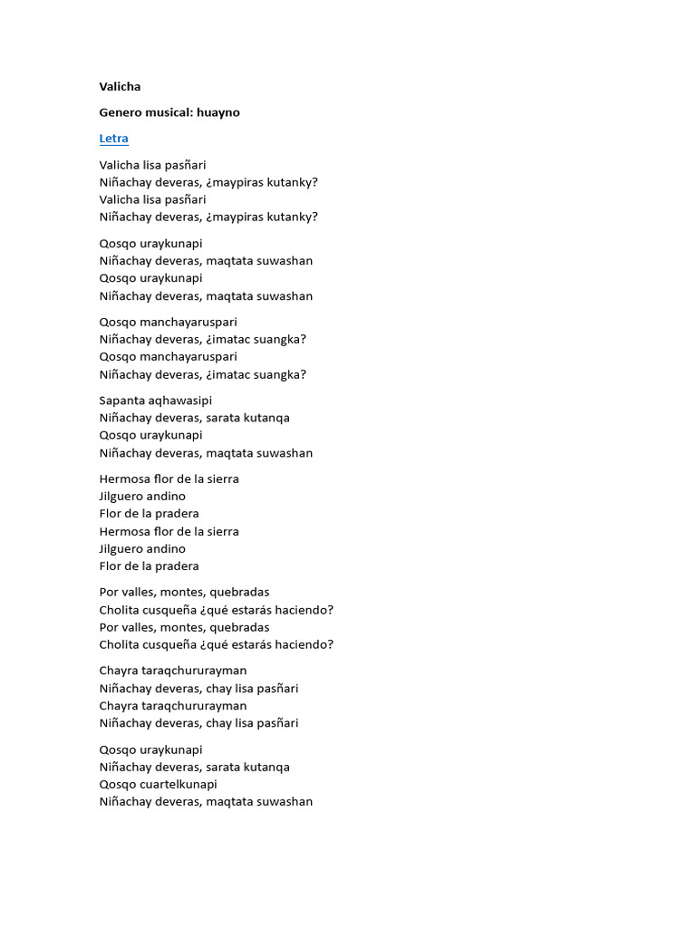 Letra Huayno Valicha | PDF