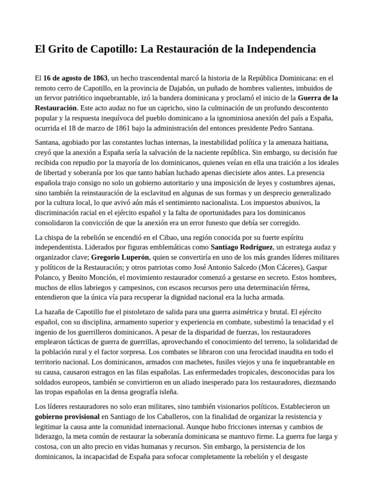 Grito de Capotillo: Inicio de la Restauración | PDF | República Dominicana