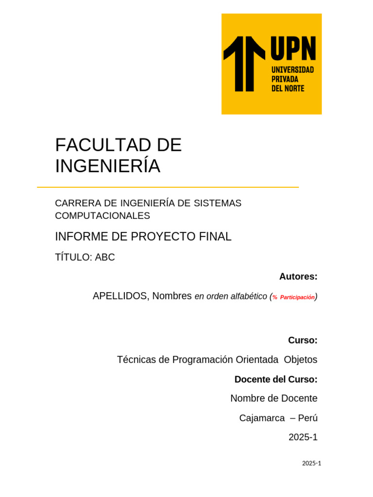 2025-1_ISC-Informe_Proyecto Final_Técnicas de Programación Orientada Objetos (2) | PDF ...