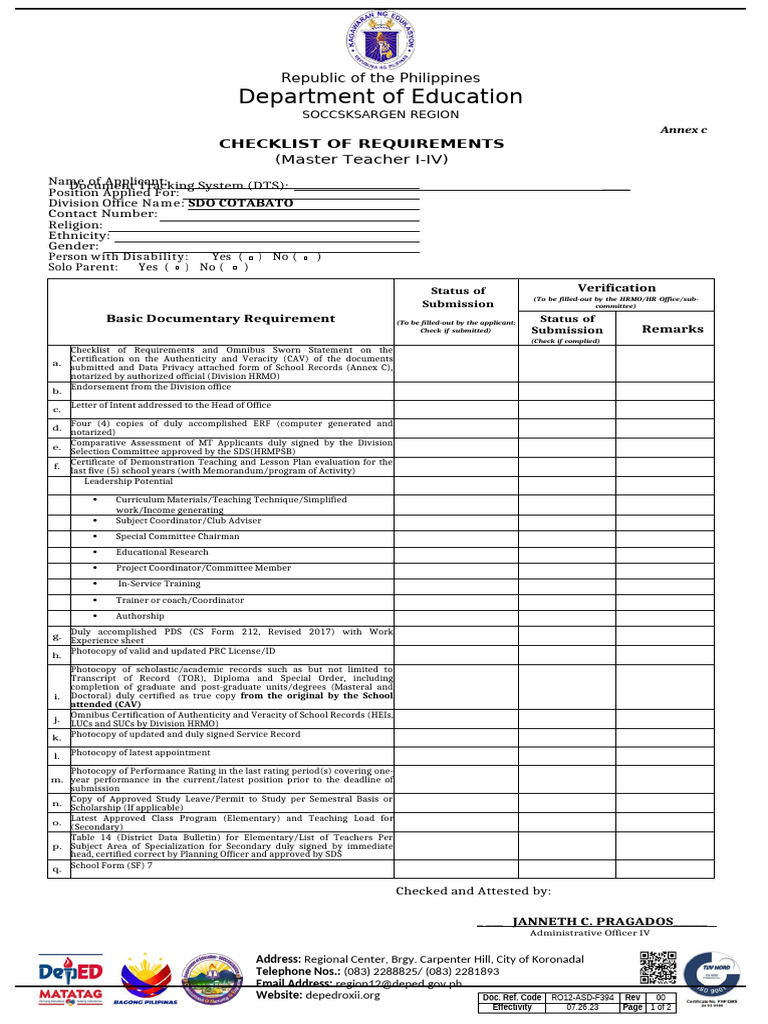 MT Annex C Checklist of Requirements New Temp | PDF